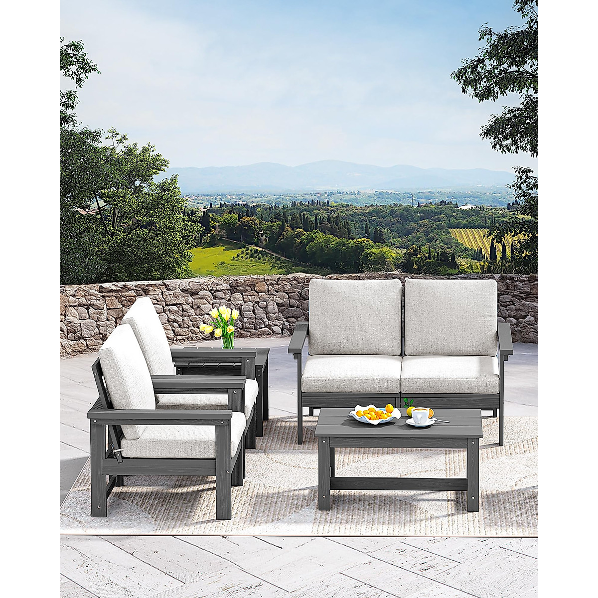 SERWALL HDPE Patio Coffee Table, Rectangle Outdoor Coffee Table, All-Weather Coffee Side Table for Balcony, Poolside, Deck, Garden, Gray