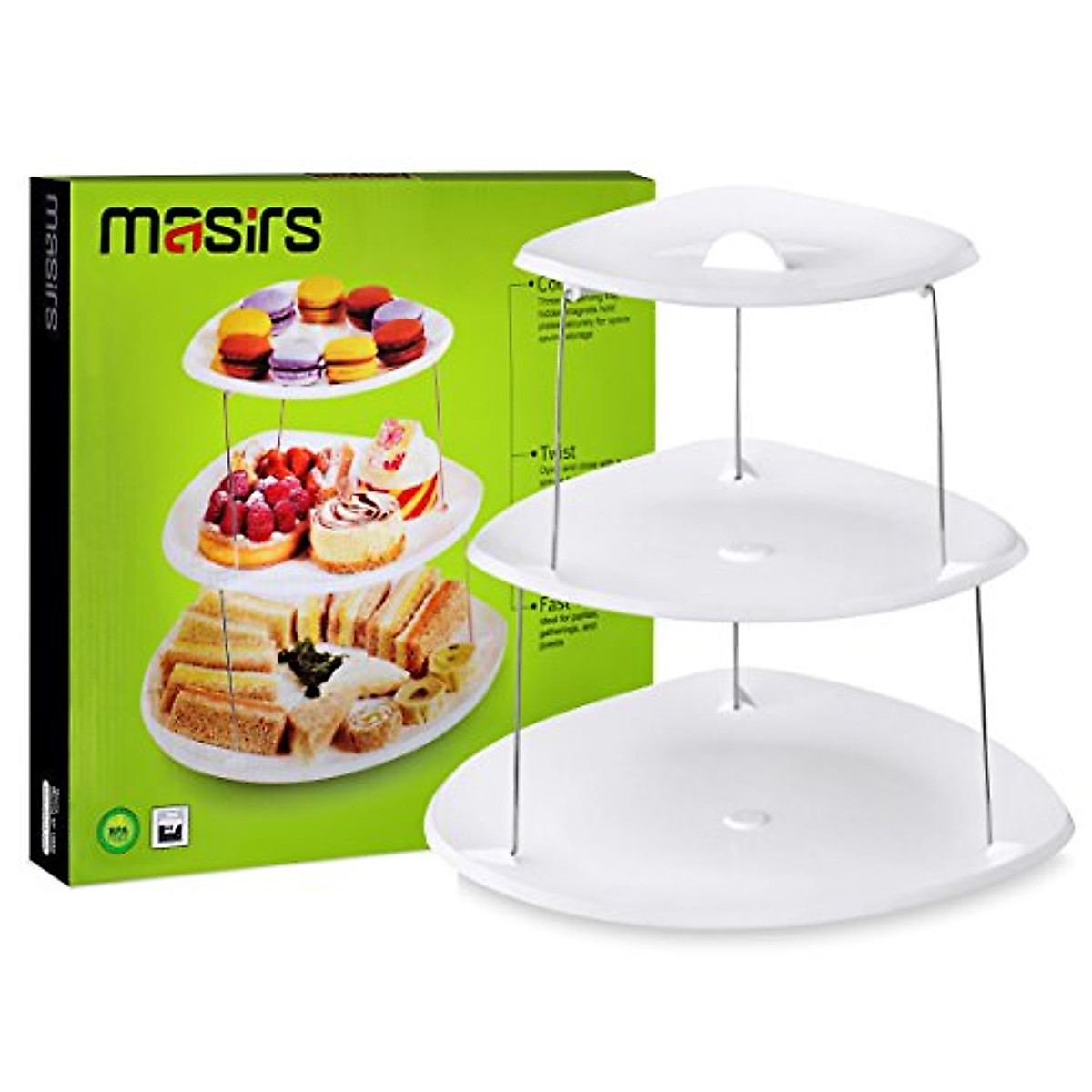 Collapsible Party Tray, 3 Tier - The Decorative Plastic Appetizer Trays Twist Down and Fold Inside for Minimal Storage Space. An Elegant Tray for Serving Sandwiches, Cake, Sliced Cheese and Deli Meat.