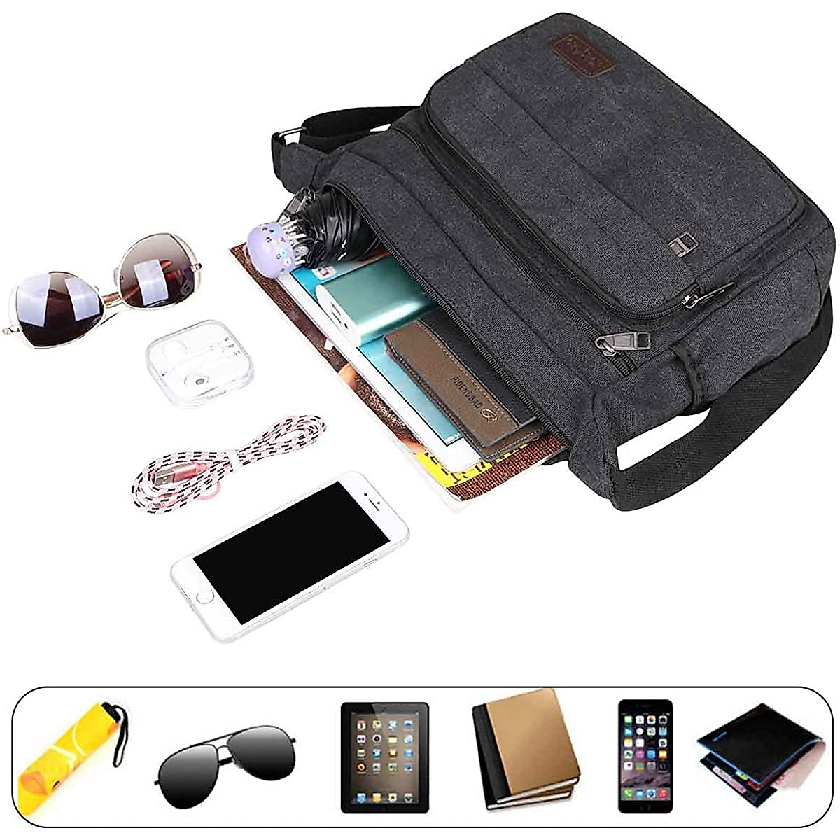 JAKAGO Canvas Messenger Bag Multi Pockets Shoulder Bag Cross body Satchel Bag for Business Travel Outdoor Daily Use (Black)