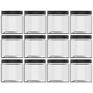 HoleviFO 14oz (420ml 12 Pack) Empty Clear Wide Mouth Plastic Jars with Matte Black Lids and Labels - Round PET Containers for Food Storage and Dry Goods,Craft and More - BPA Free