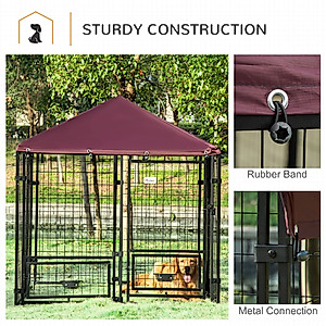 PawHut 5' x 5' x 5' Outdoor Dog Kennel with Rotating Bowl Holders, Walk-in Pet Playpen, Welded Wire Steel with Water and UV-Resistant Canopy, Red