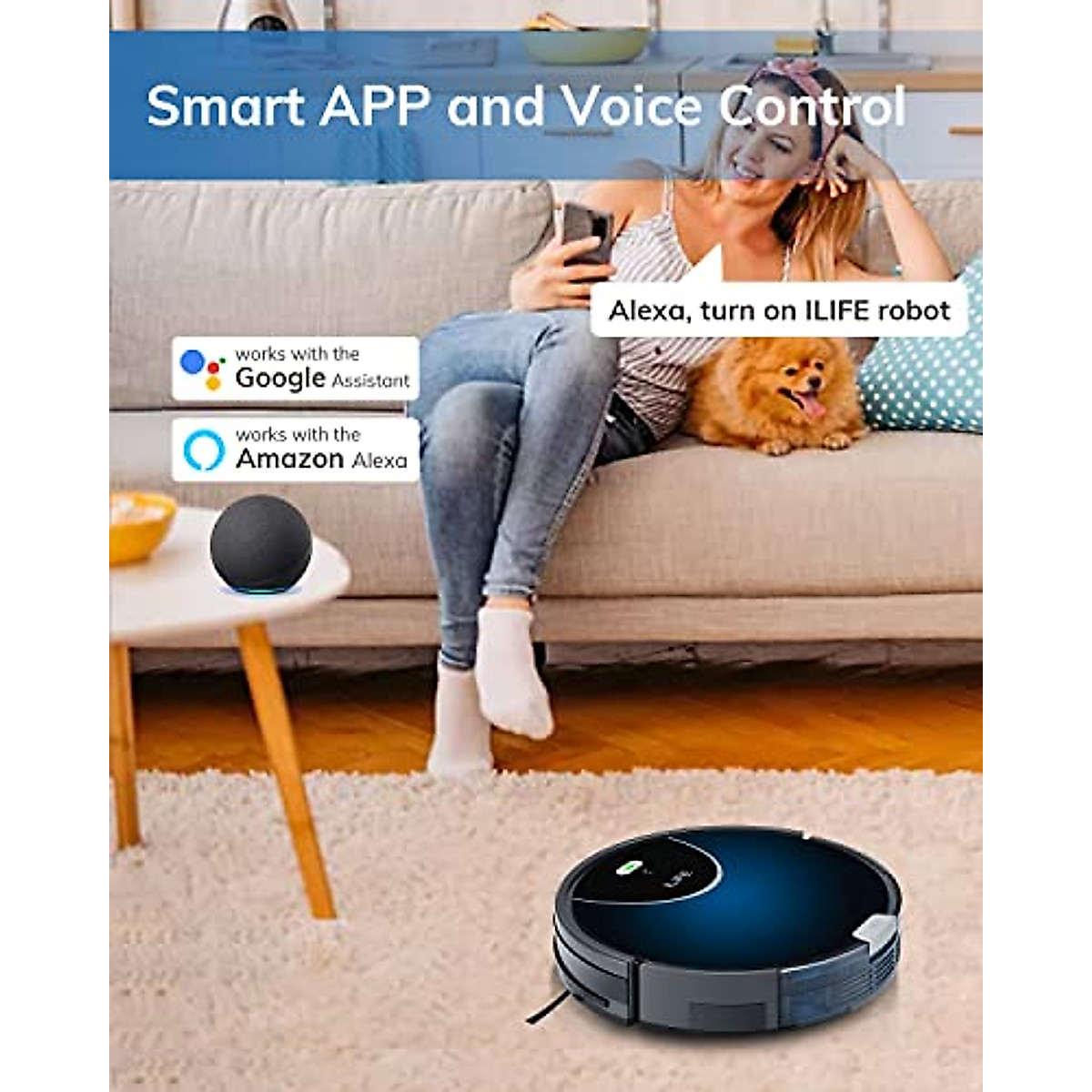 ILIFE V80 Max Mopping Robot Vacuum and Mop Combo - 2000Pa Suction Wi-Fi Automatic Vacuum Cleaner Robot Works with Alexa - 750ml Dustbin Robotic Vacuum Cleaner for Pet Hair Hardwood Floors Carpet