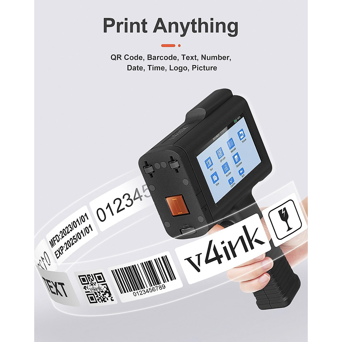 v4ink BENTSAI Handheld Printer BT-HH6105B2, Portable Handheld Inkjet Printer with 4.3 Inch LED Touch Screen Mobile Inkjet Coder 0.09-0.5’’ Print Height for QRCode Barcode Date Logo Text on Any Surface