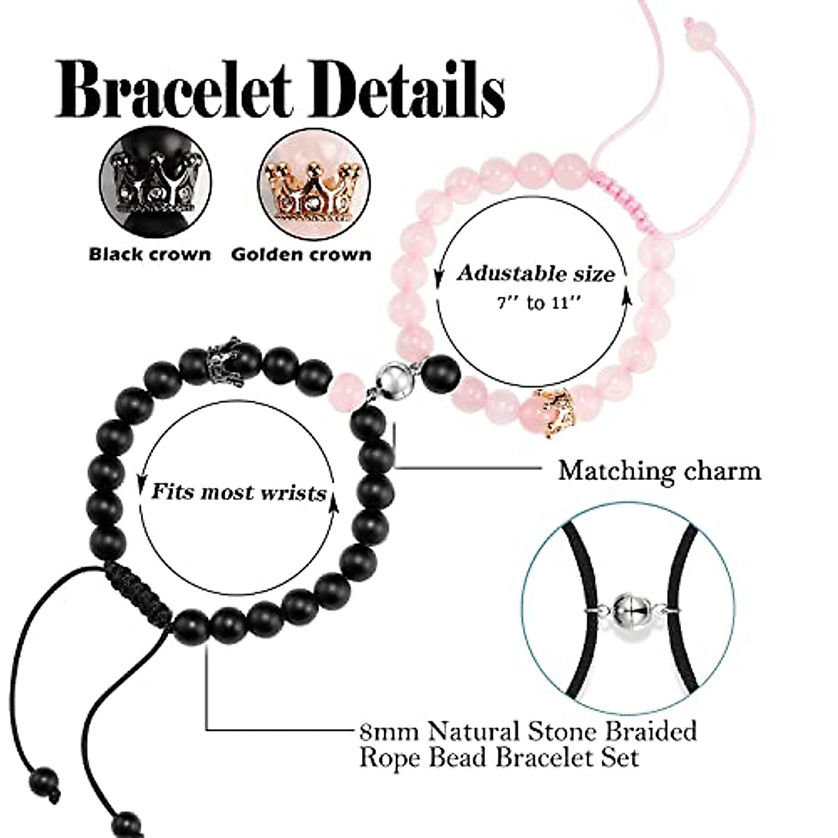 KINGSIN Long Distance Relationship Gifts Matching Couples Stuff Crown King Queen Bracelet Bracelet Couple Gift for Boyfriend Girlfriend Him Her Husband Wife Friendship