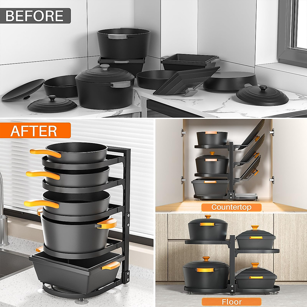 ARSTPEOE Mega Clearence Sale Half Save 6Tier, Pot and Pan Organizer for Cabinet, Pan Organizer Rack for Cabinet, Pot Organizer Rack for Under Cabinet, Pot Lid Organizer for Cabinet, Black