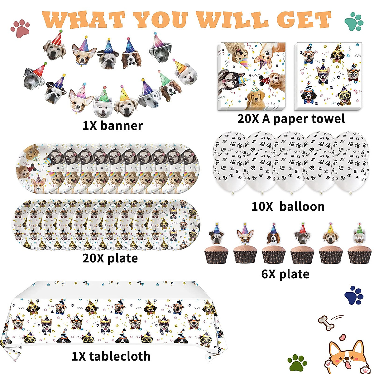 Dog Birthday Party Supplies Serves 20, Puppy Party Decorations Dog Party Plates Banner Napkins Paws Balloons Table Cover and Cake Topper for Doggy Kids Dog Party Decorations