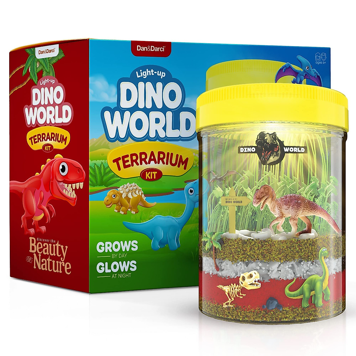 Dino World Terrarium Kit for Kids - LED Light in Lid Dinosaur Easter Toys for Boys &, Girls Age 3, 4, 5, 6, 7, 8+ Year Old Boy Gifts - Dinosaur Garden + Toy Dinosaurs - STEM Science Gardening Kits