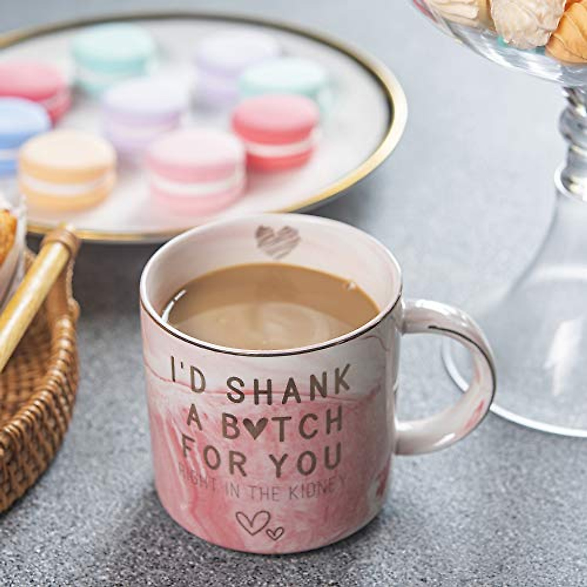 Best Friend Birthday Gifts for Women - Funny Friendship Gift for Bestfriend, Besties, BFF, Sister, Boss Woman, Big Sis, Sorority - I'd Shank A Girl For You - Cute Pink Marble Mug, 11.5oz Coffee Cup