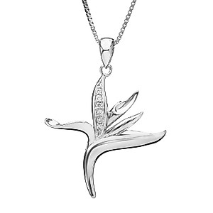 Aloha Jewelry Company 925 Sterling Silver Hawaiian Bird of Paradise Tropical Plant with Cubic Zirconia Pendant with 18" Box Chain, Nickle Free Hypoallergenic for Sensitive Skin, Gift Box Included