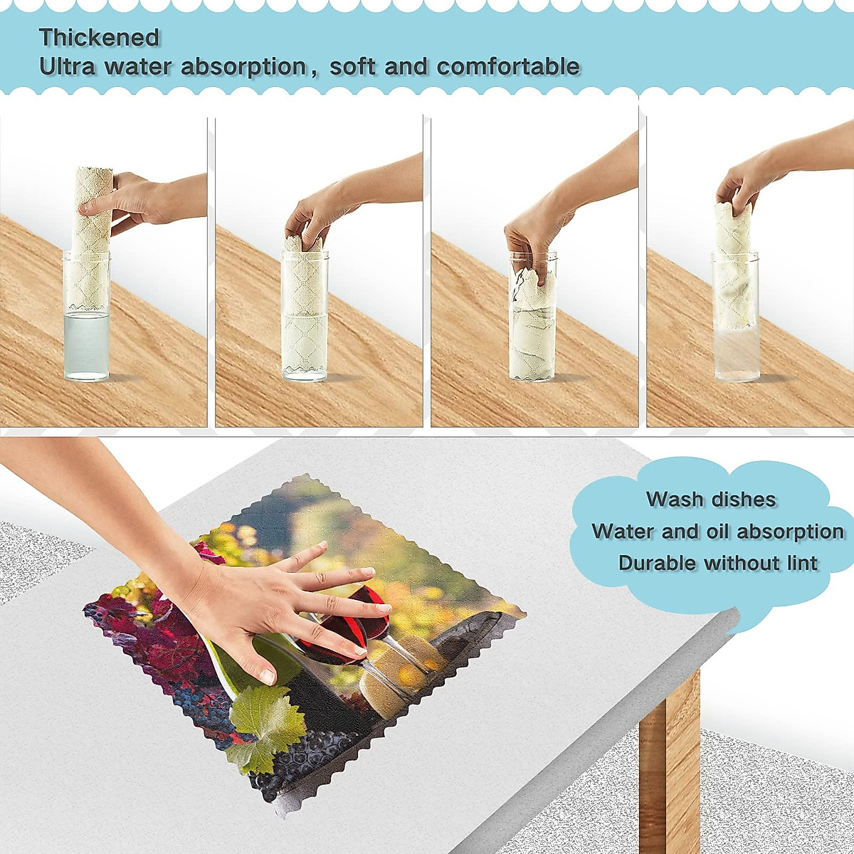 BOENLE Dish Towels Set of 6, Wine Glass Vine of Grapes Kitchen Drying Dishes Dishcloths Cotton Hanging Absorbent Rags Funny Decorative