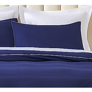 DAUAOTO Duvet Cover Full/Queen Set, Navy Blue Microfiber Bedding with Decorative White Piping, 1 Zipper Closure Cover + 2 Standard Shams