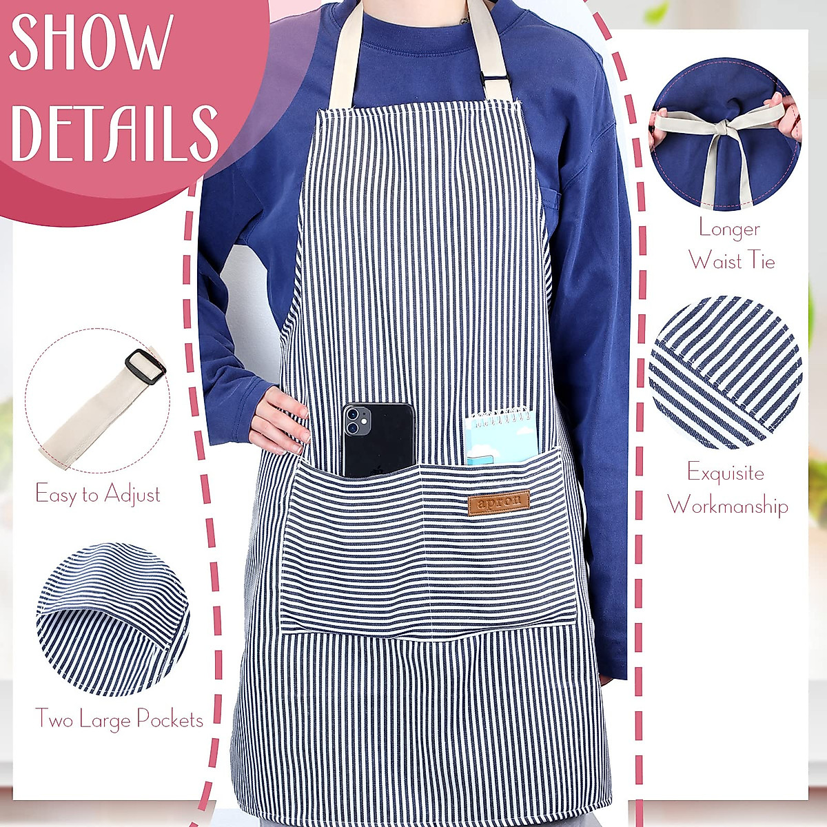 Handepo 12 Pcs Cooking Kitchen Aprons Unisex Soft Chef Kitchen Aprons with Pockets Cotton Polyester Blend Adjustable Bib Aprons for Women Men, Crafting Bbq, Black, Blue, Pink, Grey Stripes