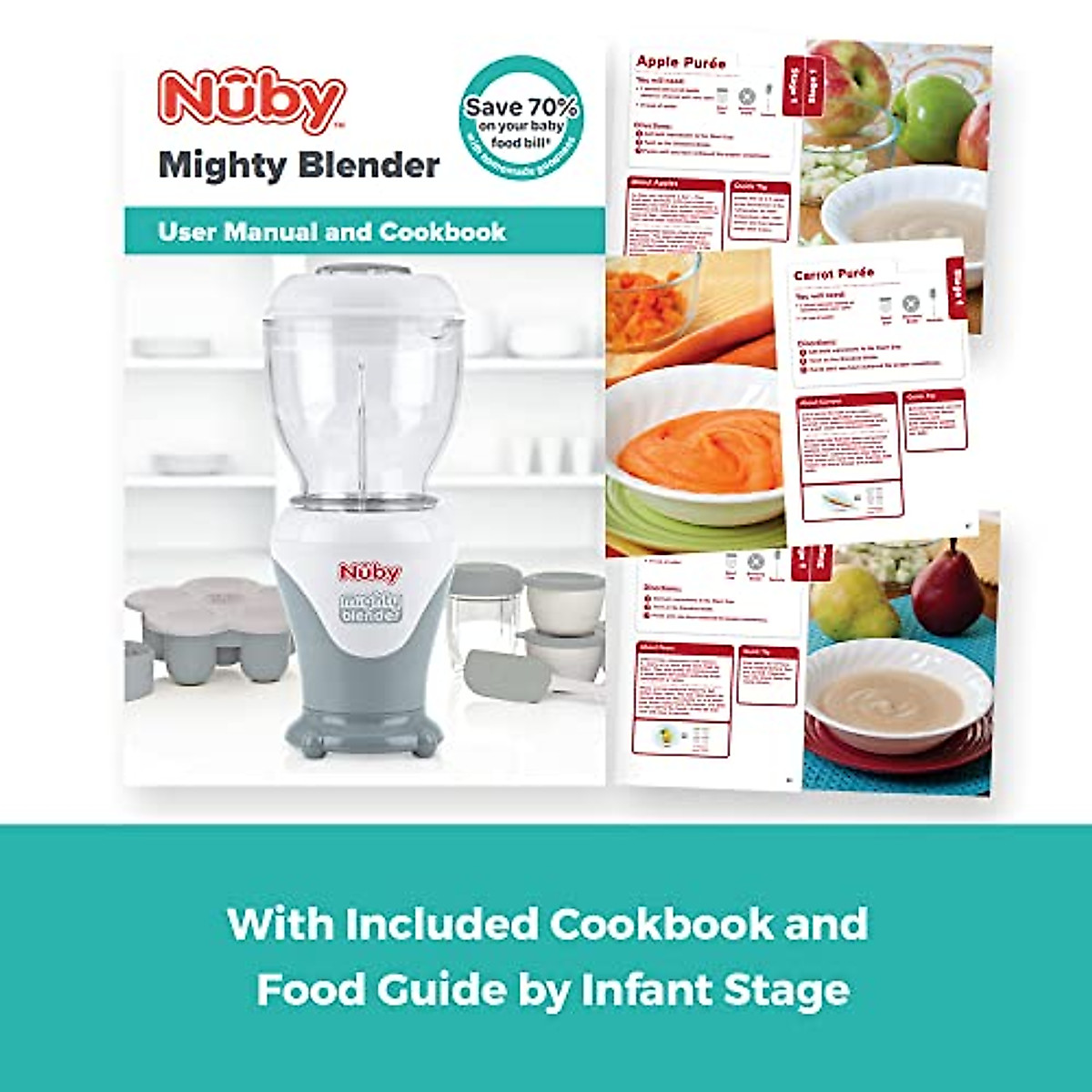Nuby Mighty Blender with Cookbook - 22-Piece Baby Food Maker Set for Different Baby Weaning Stages - Cool Gray Design