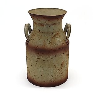 CVHOMEDECO. Farmhouse Galvanized Metal Milk Can, Old Rustic Primitives Jug Vase for Home and Garden Décor. Grey