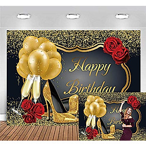 GYA 7x5ft Glitter Gold Happy Birthday Backdrop Red Rose Floral Golden Balloons Heels Champagne Glass Background for Women Birthday Party Decorations Birthday Party Supplies