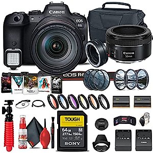 Canon EOS R6 Mirrorless Digital Camera with 24-105mm f/4L Lens (4082C012) + Canon EF 50mm Lens + Mount Adapter EF-EOS R + 64GB Tough Card + Color Filter Kit + Case + Filter + More (Renewed)