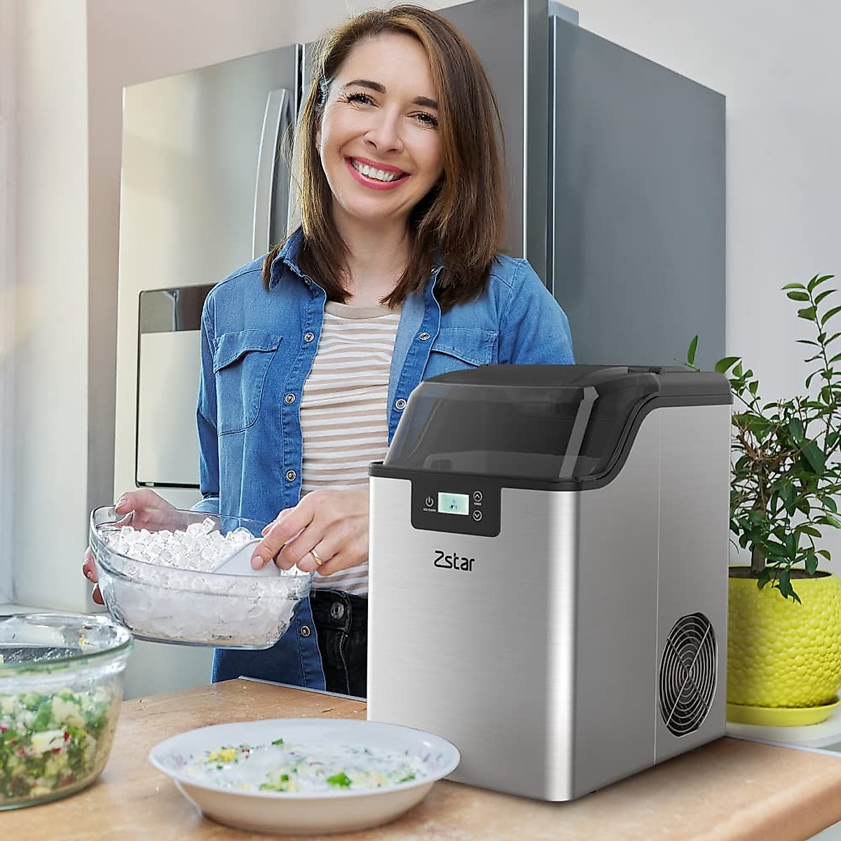 Nugget Ice Maker, Zstar Countertop Ice Maker, Stainless Steel Pebble Ice Maker, 44LBs/24H, Self-Cleaning and Timer Function, Small Portable Sonic Ice Maker with Ice Basket and Ice Scoop for Home, RV