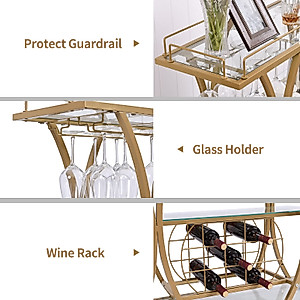 HOMYSHOPY Bar Serving Cart with Glass Holder and Wine Rack, 3-Tier Kitchen Trolley Tempered Shelves Gold-Finished Metal Frame, Mobile for Home (Gold)