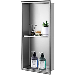 Sanbege 12"×24" Shower Niche with Divider, Brushed Stainless Steel Bathroom Shelf Insert, Double Recessed Shower Caddy Fits for 10-7/8" x 22-7/8" Wall Hole Installation (Nickel)