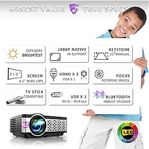 Egate Bluetooth Projector, Full HD 1080p Native with 4k TV stick support, 300 ANSI, 210" Max Screen Size | Inbuilt Speaker | AV, VGA, HDMI, SD Card, USB, Audio Out | (i9 Pro-Max, Black)