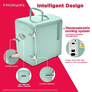 Frigidaire EFMIS129-MINT Mini Personal Fridge Cooler, 1 Gal Capacity fits Six Cans, Includes Plugs for Home Outlet & DC Charger-9.84" D x 7.09" W x 10.35" H