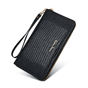 Leather Wallets for Women, Split Cowhide Crocodile Skin Pattern Gift Box Packaging Ladies Fashion Clutch Purses with Wristlet Womens Zipper Long Wallets Women's Credit Card Holders (Black)