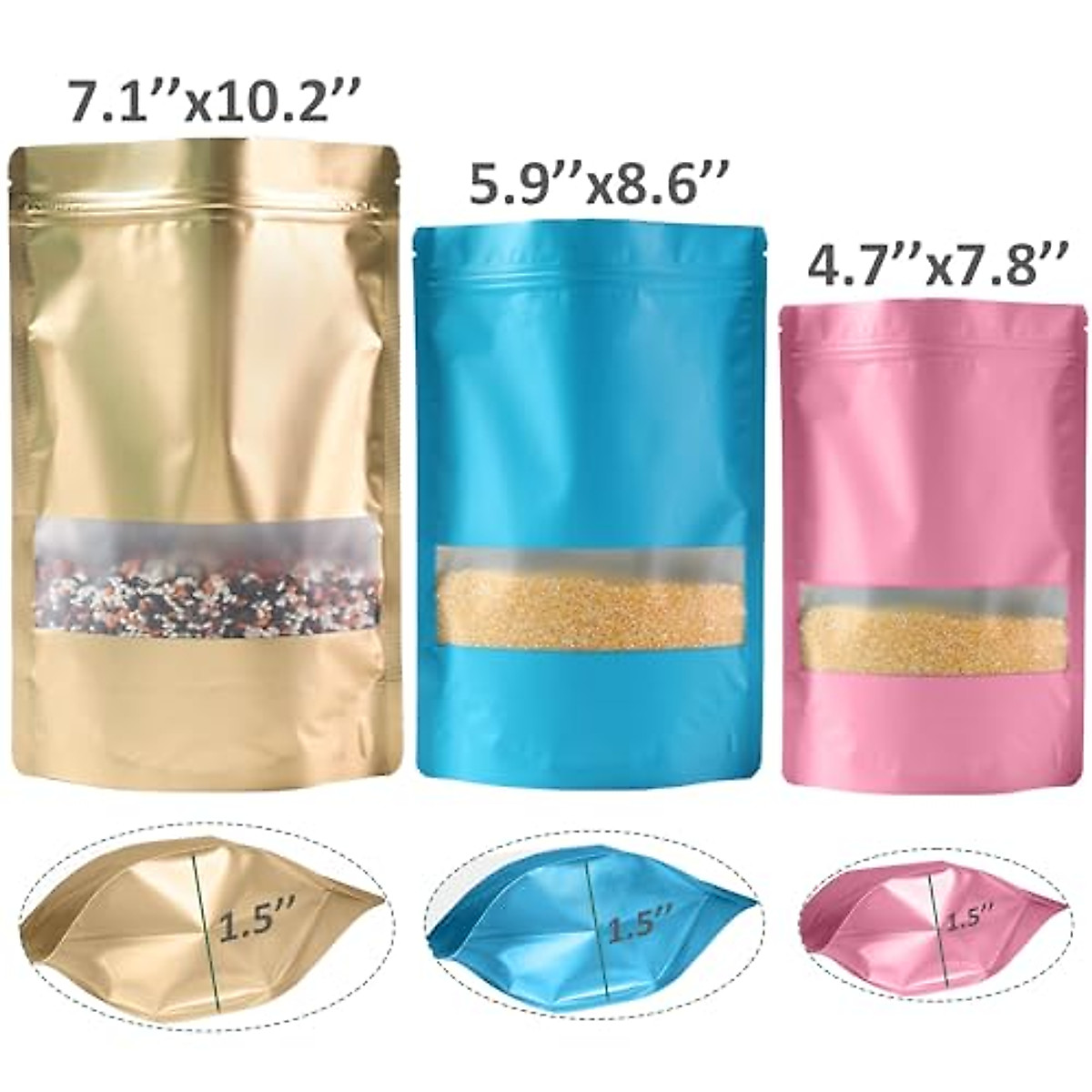 MENJITO 150 Pcs Stand-up Food Storage Bags with Window | 4.7"x7.8" Pink (50 Pcs), 5.9"x8.6" Blue (50 Pcs), 7.1"x10.2" Gold (50 Pcs) | Zip Lock Self-sealing Storage Bags | Reusable and Resealable