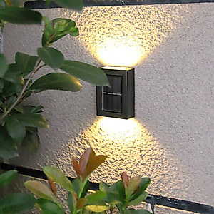 CALIDAKA 2 Pack LED Solar Wall Light, Up and Down Outdoor Security Wall Lamps, IP65 Waterproof Solar Outdoor Lights, Solar Fence Lights LED Solar Wall Lights for Home Garden Porch(Warm Light)