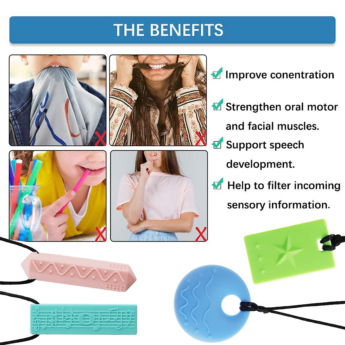 Sensory Chew Necklaces for Kids - 4 Pack Silicone Chewy Necklaces for ADHD, Autism, Biting and Oral Motor Needs