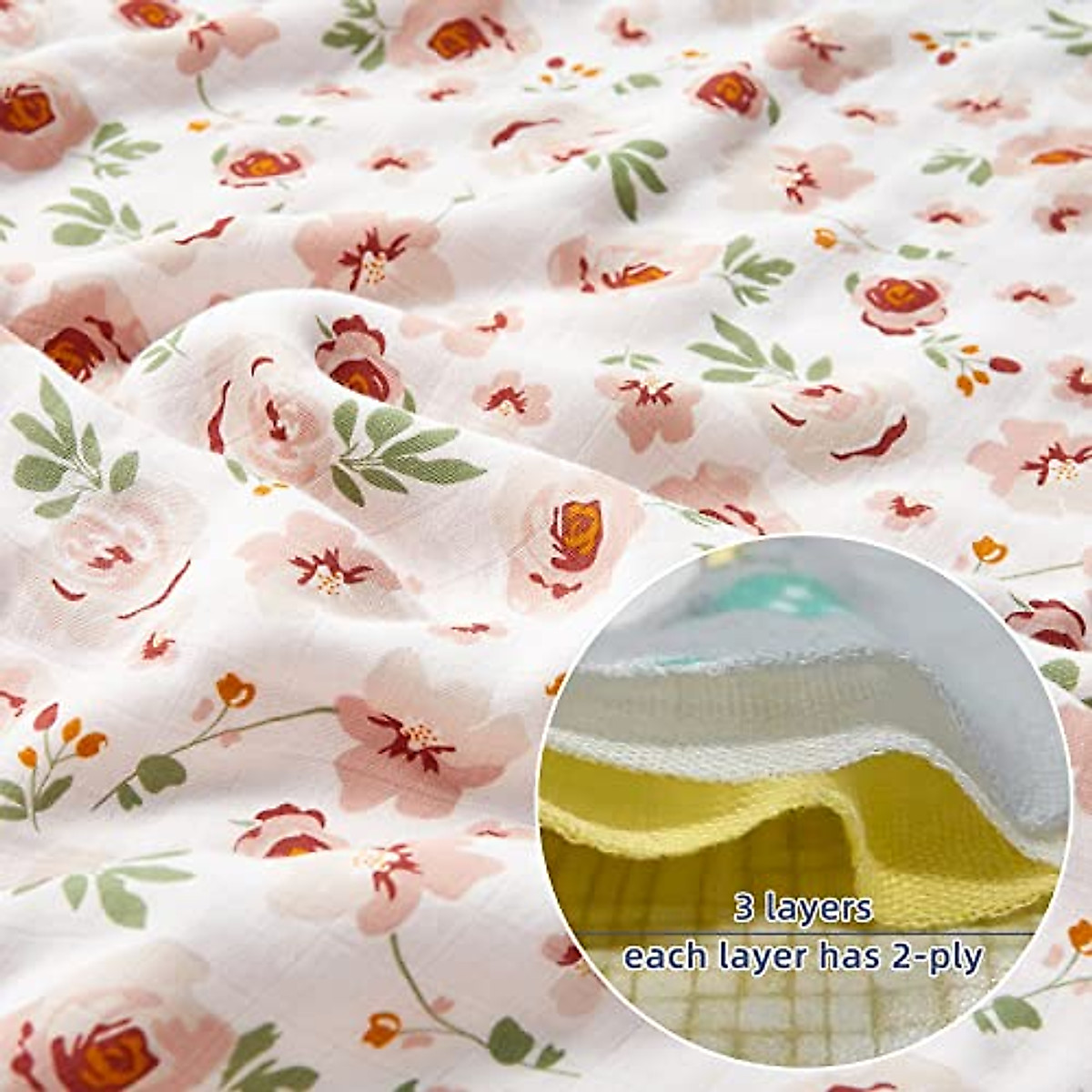DaysU 6-Ply Muslin Swaddle Blankets for Newborn Babies, Soft Breathable Bamboo Cotton Muslin Baby Blankets Unisex for Boys Girls, Baby Crib Toddler Bed, Large 47" x 47", 1 Pack - Floral