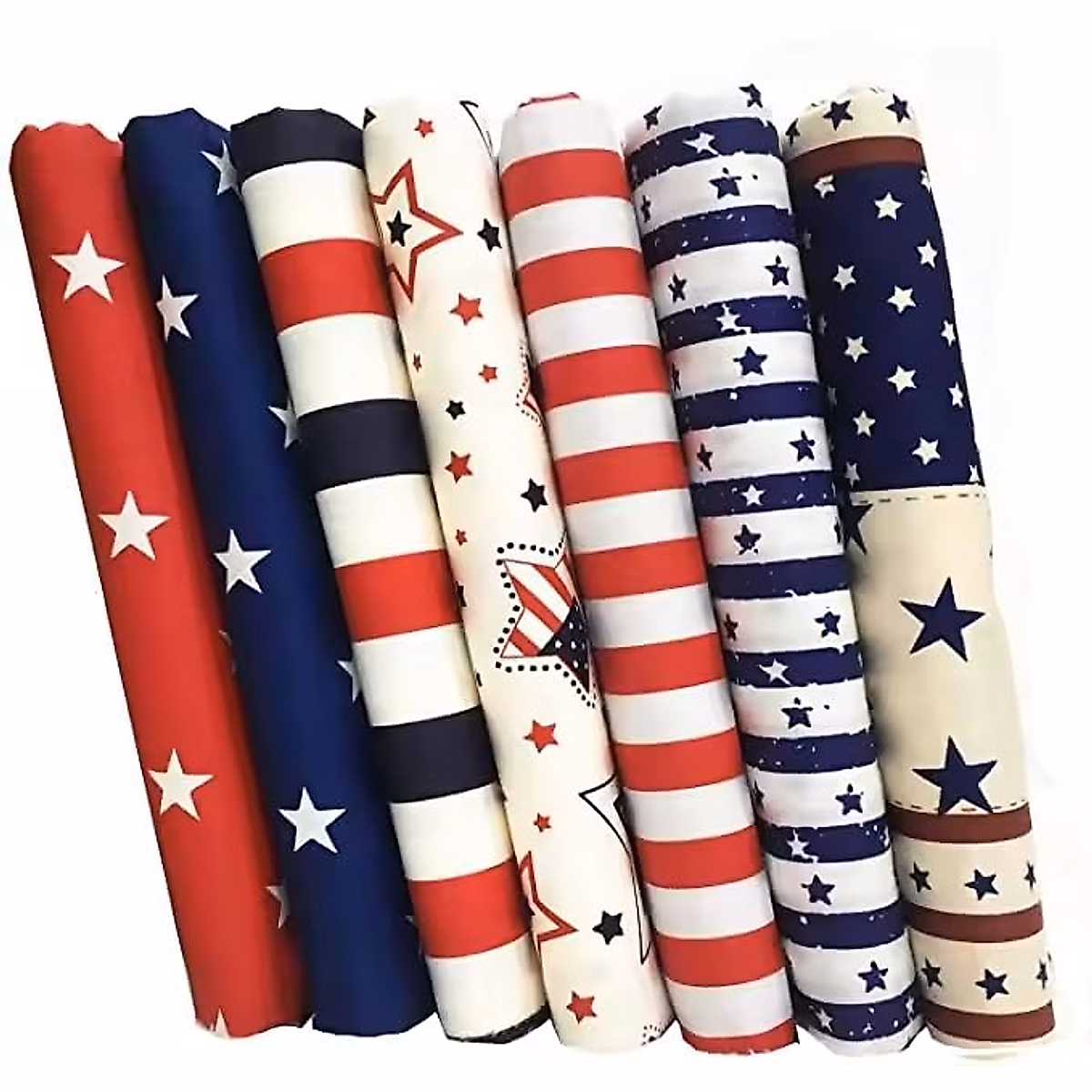 AMORNPHAN 7pcs 4th of July Cotton Fabric Squares Patriotic American Flag Strips Decoration Print Quilting Bundles Fat Quarters for DIY Craft Sewing Patchwork Needlework 16x20 Inches