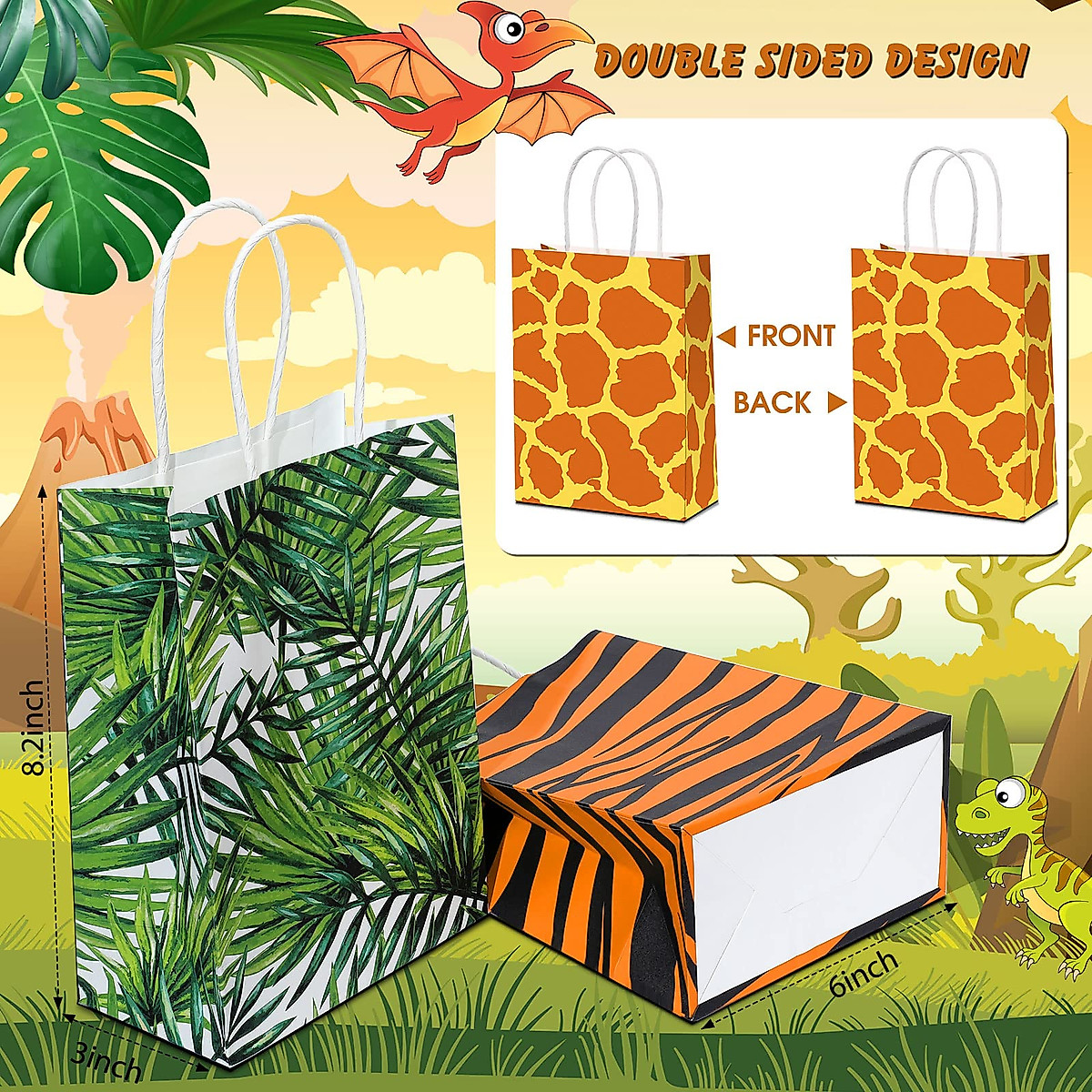 24 Pieces Animal Print Gift Bags Safari Jungle Party Favor Bag with Handle, Paper Zoo Wildlife Goodie Treat Bags Leopard Tiger Zebra Giraffe Pattern for Animal Themed Baby Shower Birthday Supplies