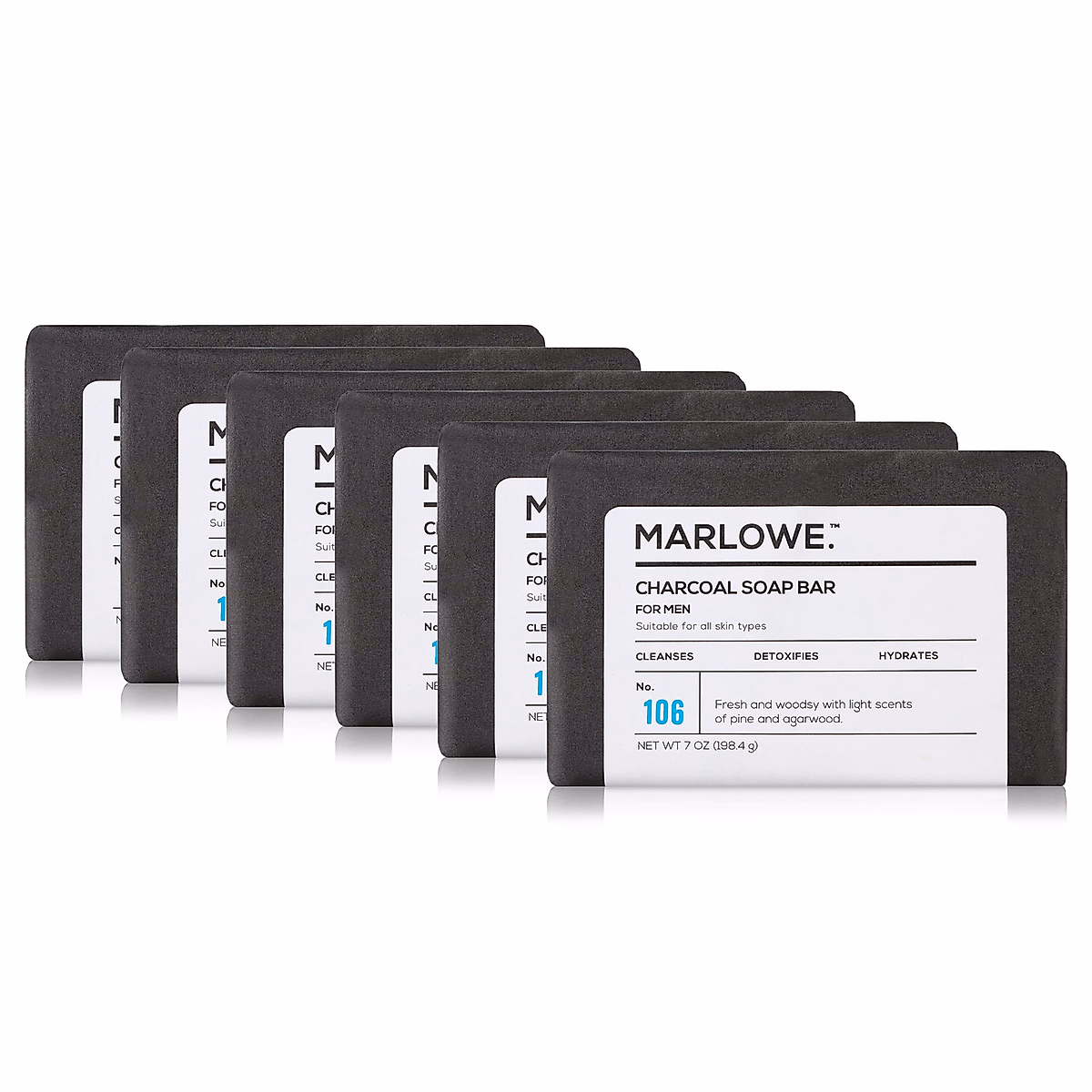 MARLOWE. No. 106 Charcoal Soap 7 oz (6 Bars) Body Bar Soap for Men, Cleansing, Purifying & Hydrating with Natural Extracts, Shea Butter, Olive Oil & Green Tea Extracts, Fresh Woodsy Scent