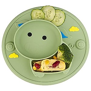 Baby Divided Plate Placemat Silicone- Portable Non Slip Child Feeding Suction Plate for Children Babies and Kids BPA Free Baby Dinner Plate Microwave Dishwasher Safe (Endive)