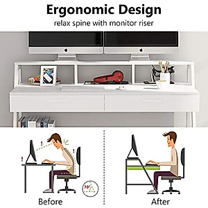 Tribesigns Computer Desk with Storage Shelf & Drawers, Modern 47 inch Office Writing Desk Study Table with Monitor Stand Riser for Home Office Use (White)