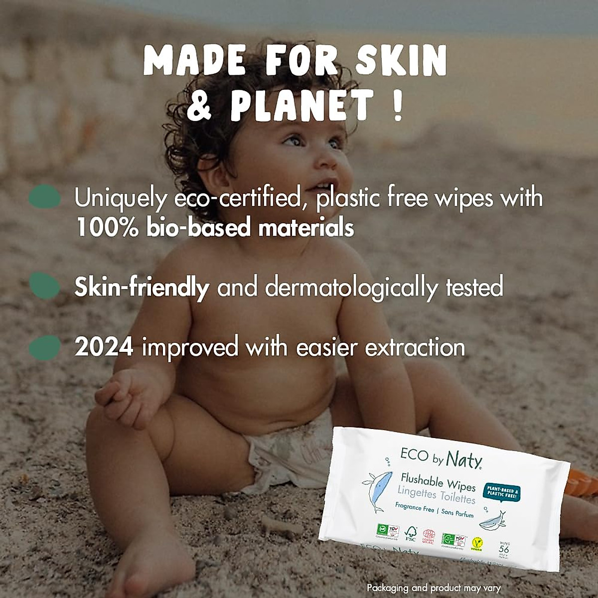 Eco by Naty Flushable Baby Wipes - Compostable and Plant-Based Wipes, Chemical-Free and Hypoallergenic Baby Wipes Safe for Baby Sensitive Skin, 42 Wipes Per Pack (12 Pk)