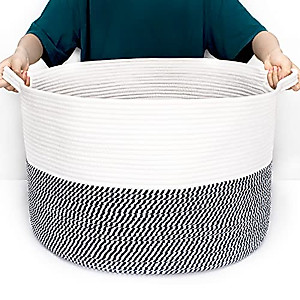 Annecy XXLarge Cotton Rope Basket, 21x13 Inches Blanket Basket Living Room, Woven Baby Laundry Basket with Handle for Toy, Towels, Pillows, Decorative Basket for Blankets, White & Blue