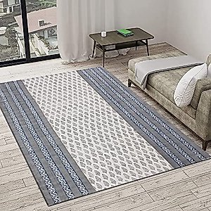 Casavani Hand Block Printed Cotton Dhurrie Striped Tassel Rug Boho Area Rug Easy Care Washable Rugs for Doormat Entryway Living Room Bedroom Hallway Balcony 6x6 Feet Square