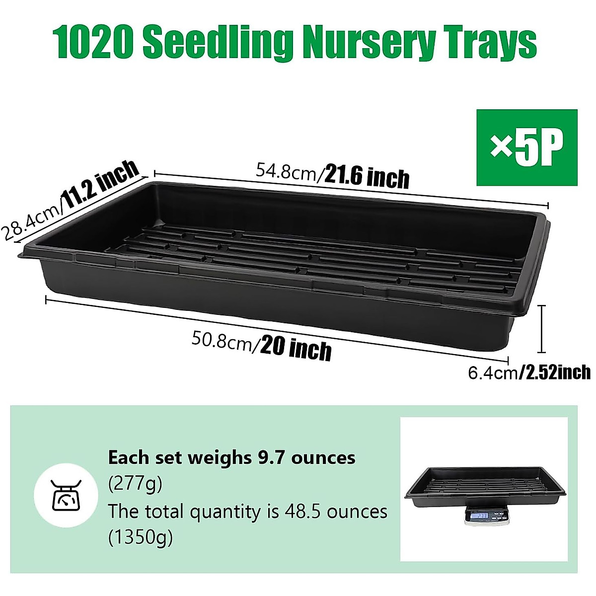 RooTrimmer Plant Growing Nursery, Standard 1020 Trays Plastic Sturdy Farmer Self Seedling Tray for Microgreens Indoor Nursery Pots Transplantation (5-Pack, 21.6"×11.2", 2.52" Deep, no Holes)