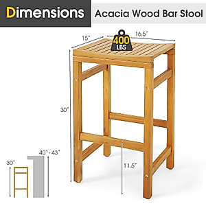 Tangkula Acacia Wood Bar Stool Set of 4, 30-Inch Height Bar Chair with Saddle Shaped Seat & Sturdy Footrest, Patio Furniture Chair Set, with 400 LBS Capacity, for Porch, Poolside, Balcony (4)