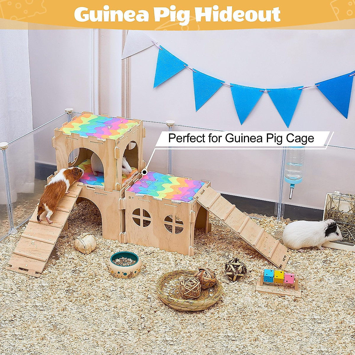 Guinea Pig Hideout, Guinea Pig House with Stairs and Mats Extra Large Guinea Pig Castle Detachable Hideouts for Small Animals Wooden Guinea Pig Habitats with Multiple Doors and Windows