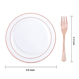 WELLIFE 240 Pieces Rose Gold Plastic Dessert Plates with Disposable Forks, Includes 120 Pcs Appetizers Plates 6.5 inch, 120 Pcs Rose Gold Forks, Perfect for Parties and Weddings