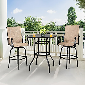 VINGLI 2 Pieces Outdoor Swivel Bar Stools, Patio Metal Bar Chairs Set of 2, All-Weather Bar Height Outdoor Chairs for Outside, Yard, Lawn, Poolside and Garden (2 Chairs, Brown)