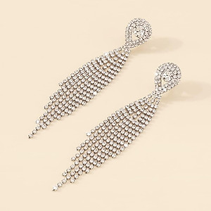 Denifery Teardrop Crystal Chandelier Earrings Long Tassels Dangle Earrings Sparkling Rhinestone Ladies Gifts Statement Earrings Bridal Wedding Jewelry (Silver)