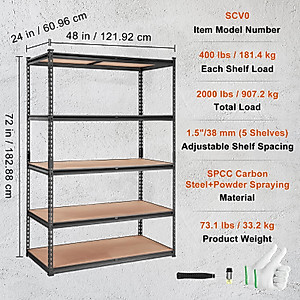 VEVOR Storage Shelving Unit, 5-Tier Adjustable, 2000 lbs Capacity, Heavy Duty Garage Shelves Metal Organizer Utility Rack, Black, 48" L x 24" W x 72" H for Kitchen Pantry Basement Bathroom Laundry