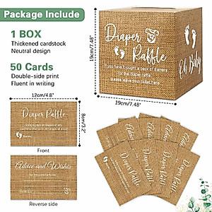 Lopeastar 51Pcs Burlap Print Diaper Raffle Tickets with Box Baby Shower Games, Neutral Kraft Diaper Raffle Cards Box Baby Shower Decorations for Boy Girl