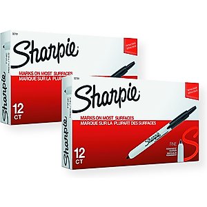 Sharpie 32701 Retractable Permanent Markers, Fine Point, Black, 24 Count (2 Boxes of 12 Markers each Box)