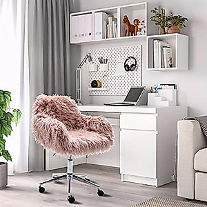 Pink Desk Chair Faux Fur Pink Office Chair Height Adjustable - Modern Cute Desk Chair Computer Chair Vanity Chair for Makeup Room, Fluffy Desk Chair with Wheels, Swivel Accent Chair for Bedroom Living