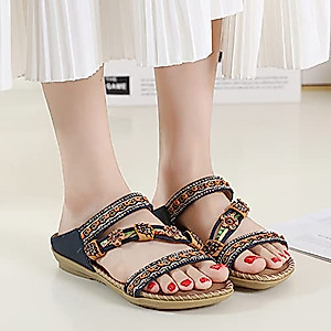 Summer Fashion Women Casual Open Toe Flat Flowers Rhinestone Comfortable Soft Bottom Soft Cushion Sandals for Women (Blue, 7.5)