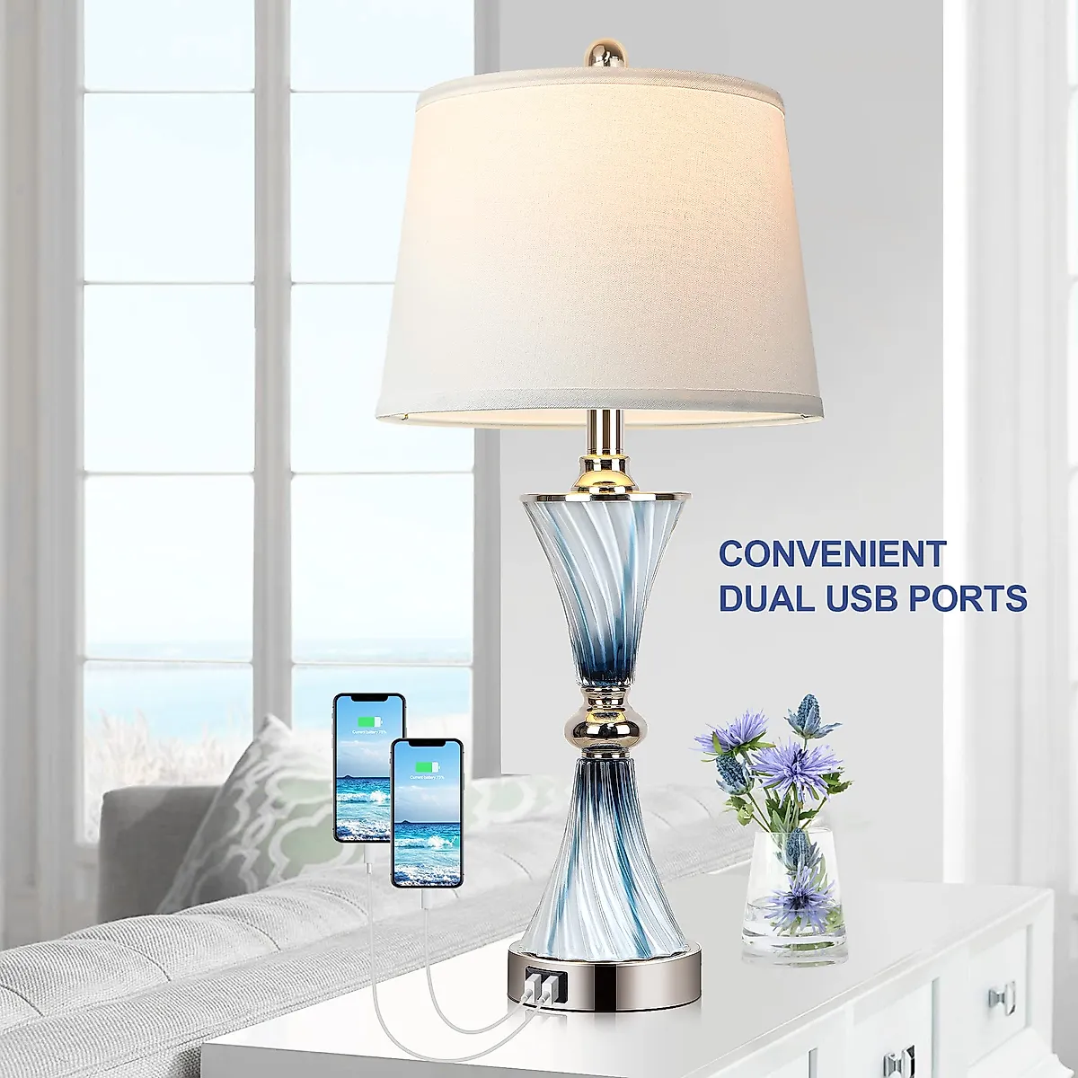 Set of 2 Blue Glass Table Lamps for Bedrooms with 2 USB ports 3-Way Dimmable Touch Coastal Bedside Lamps for Contemporary Style Modern Nightstand Lamps with 2 LED Bulbs for Home Lighting Decoration